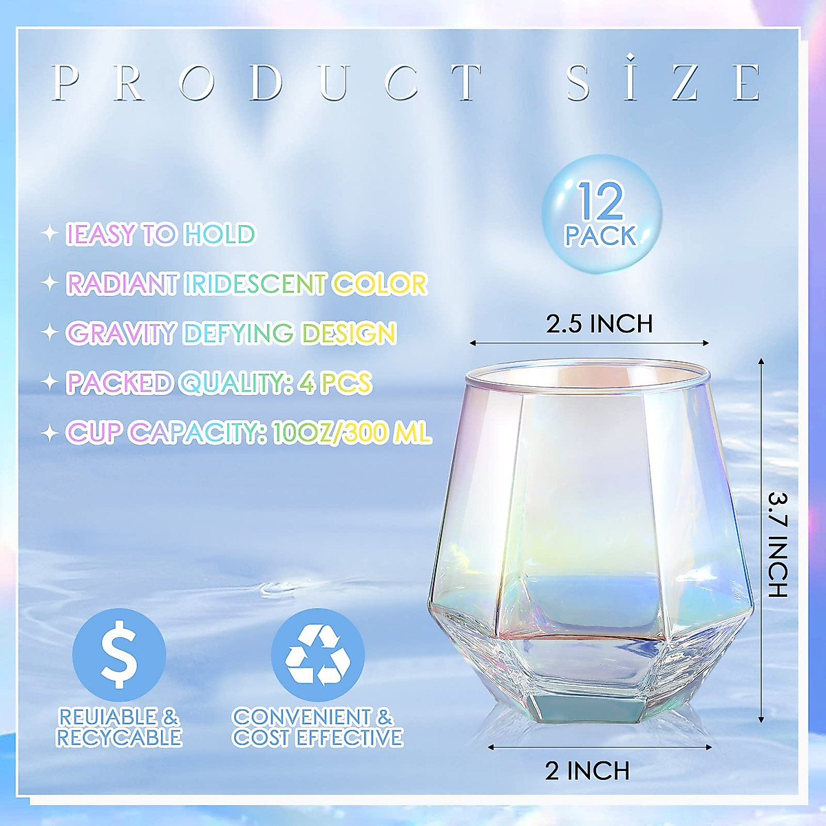 Set of 12 Iridescent Stemless Wine Glass 10.5 oz Modern Glassware Rainbow Colored Wine Glass Gift for Wine Cocktail Whiskey for Wedding Birthday Party Home Bar Housewarming