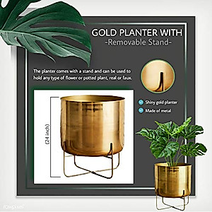 Serene Spaces Living Wide Gold Planter with Detachable Metal Stand, Decorative Indoor Planter Pot, Flower Pots Stand for Living Room, Kitchen, Office, Measures 26" Tall and 14" Diameter