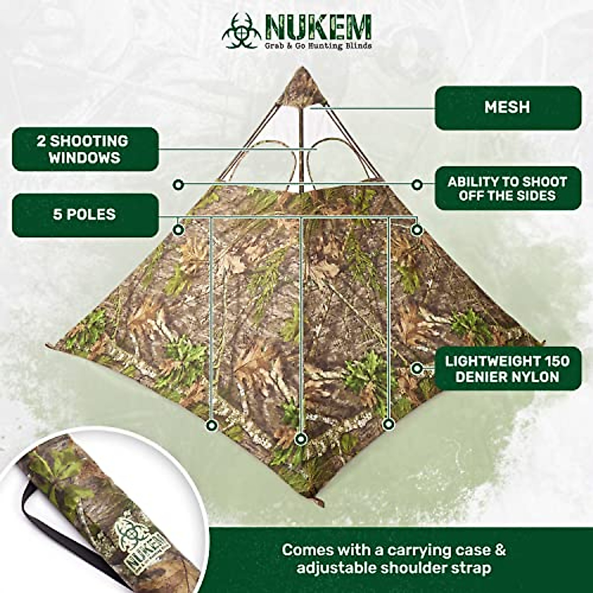 Nukem Grab & Go Hunting Ground Blind - Mossy Oak Obsession - Lightweight Stake-Free Pop Up Turkey & Deer Blind (Standard)