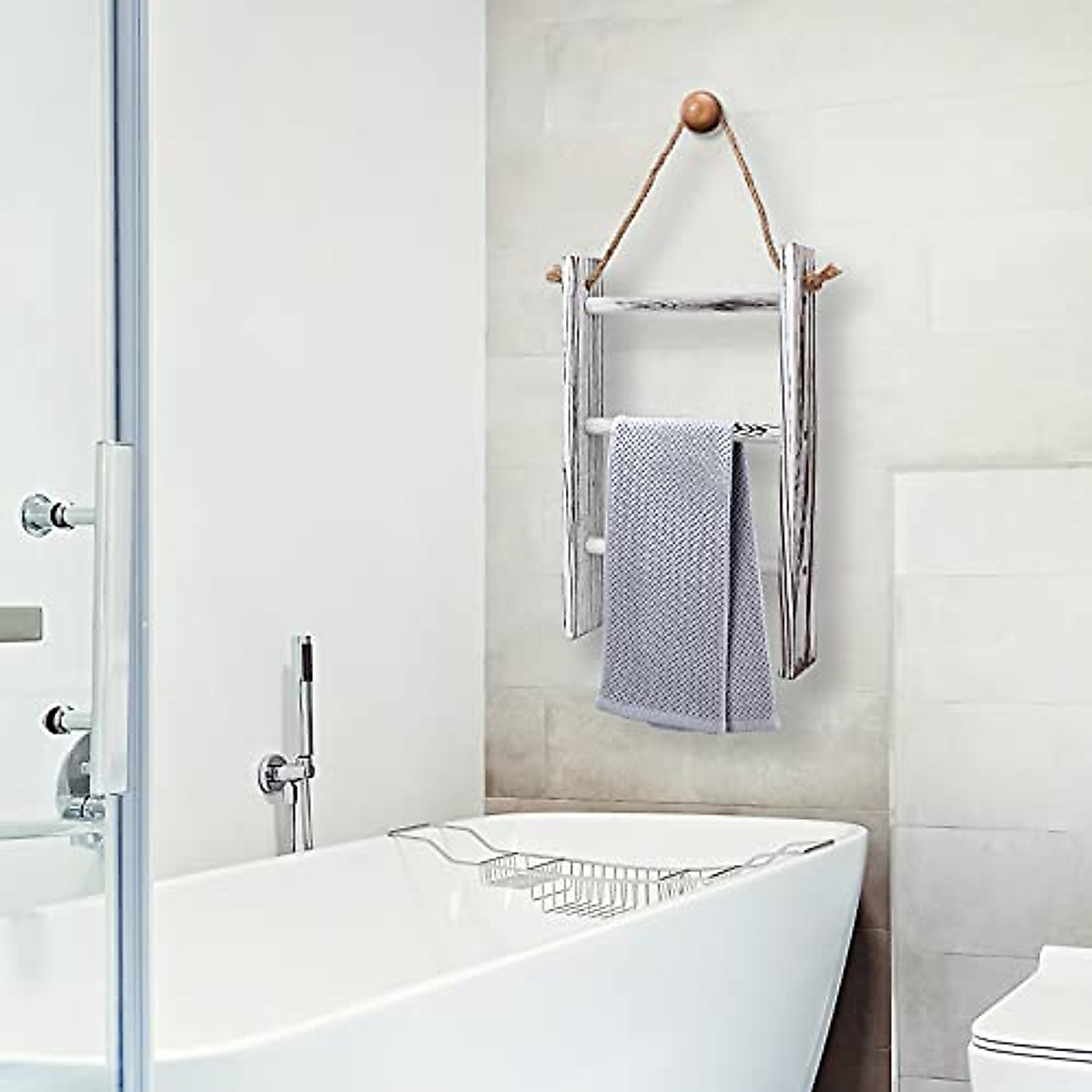 3-Tier Wood Tower Ladder Rack with Rope, Hanging Wooden Blanket Storage Organizer for Bathroom, Small Farmhouse Storage Shelf Rustic and Decorative