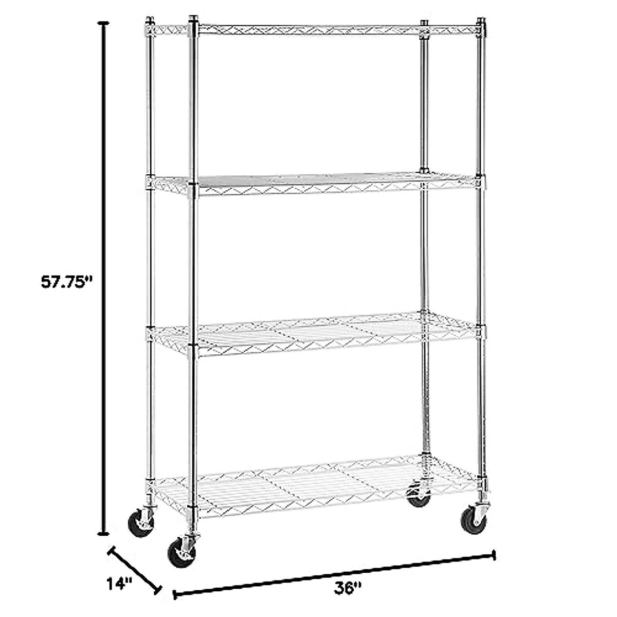 Amazon Basics 4-Shelf Adjustable, Heavy Duty Storage Shelving Unit on 3'' Wheel Casters, Metal Organizer Wire Rack, Chrome, 36" L x 14" W x 57.8" H