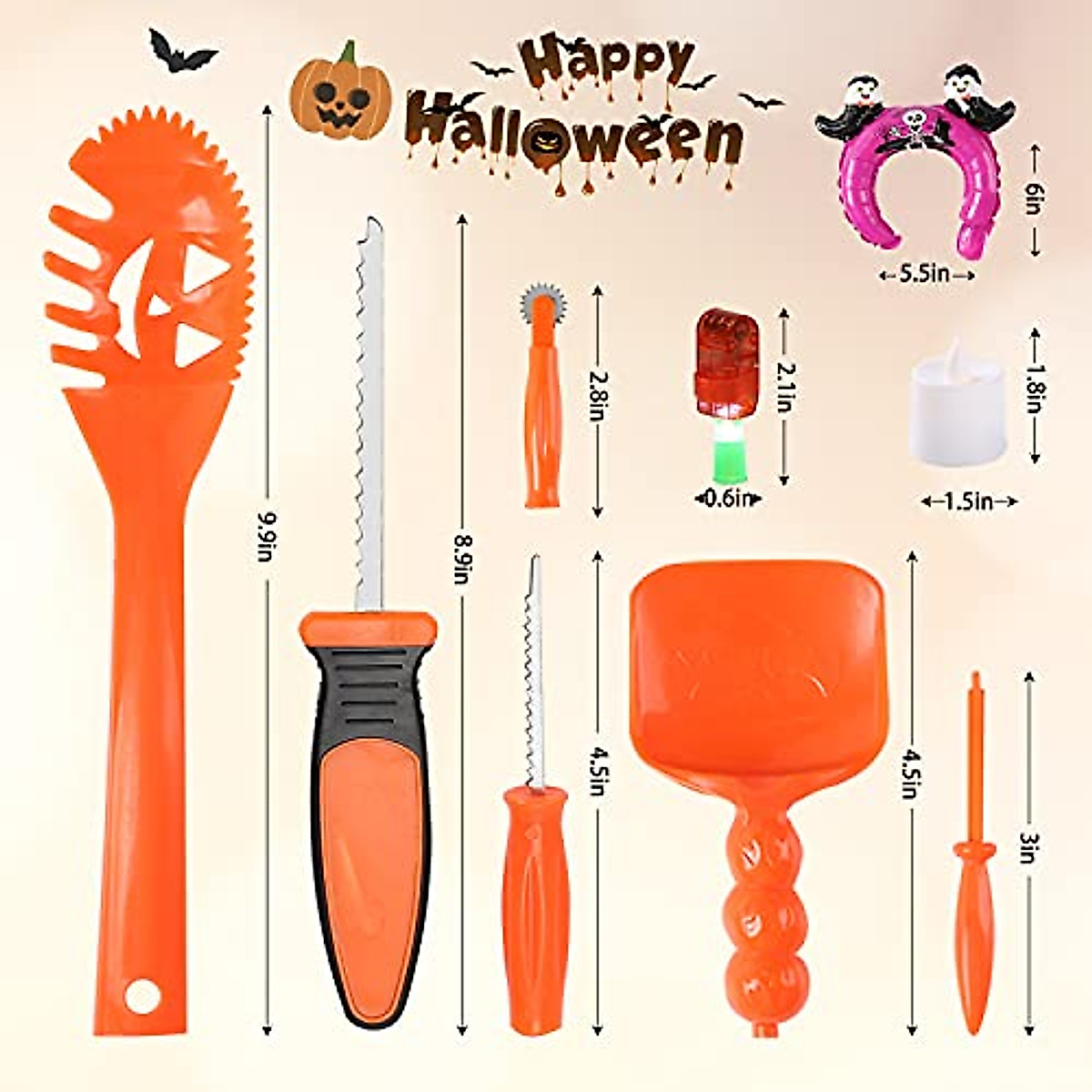Pumpkin Carving Kit for Kids - 6 Halloween Pumpkin Carving Tools Set, 6 LED Candles, 4 Balloon Headbands, 6 LED Rings, 6 Pumpkin Stickers, 10 Pumpkin Carving Stencils for Halloween Decorations