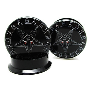 Pierced Republic Pair* Black Baphomet Pentagram Ear Plugs - Acrylic Screw-On - 10 Sizes (00 Gauge (10mm))
