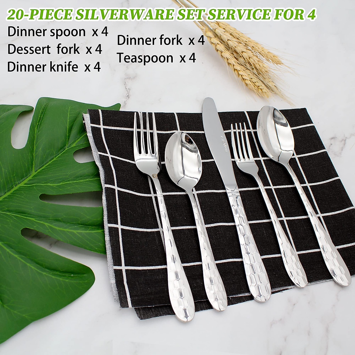 20-Piece Silverware Set, Flatware Cutlery Silverware Set Service for 4, 18/10 Hammered Stainless Steel Utensils Tableware Set Include Knife Spoon Fork, Unique Design, Mirror Polished (Silver)