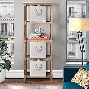 i BKGOO Foldable Storage Cube Bins Beige-White Bamboo Fabric Collapsible Resistant Basket Box Organizer with Cotton Rope Handle for Home Office and Nursery 13x13x13 inch