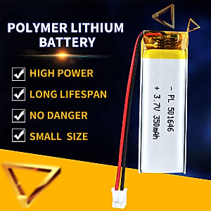 AKZYTUE 3.7V 350mAh 501646 Lipo Battery Rechargeable Lithium Polymer ion Battery Pack with JST Connector