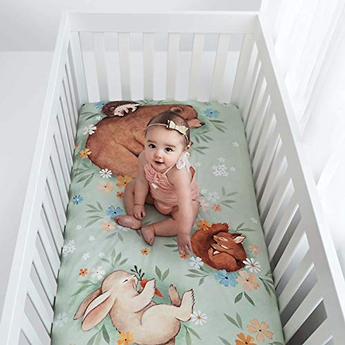 Rookie Humans 100% Cotton Sateen Fitted Crib Sheet: Enchanted Meadow. Modern Nursery, Use as a Photo Background for Your Baby Pictures. Standard Crib Size (52 x 28 inches)
