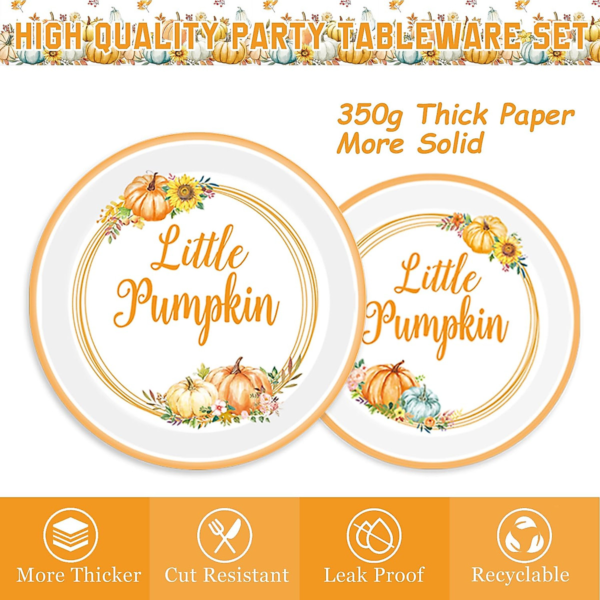 170PCS Little Pumpkin Baby Shower Decorations Plates, Cups, Napkins, Banner, Tablecloth and Cutlery for Fall A Little Pumpkin is On The Way Baby Shower, Serves 24