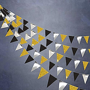 Decor365 Gold Black Silver Vingage Triangle Flag Banner for Graduation Party Decorations Hanging Flag Decoration for Wedding/Birthday/Anniversary/Xmas Dance Prom Party Decor