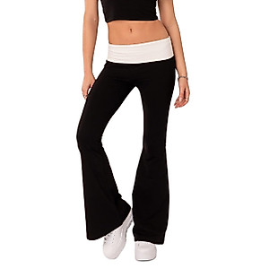 KMBANGI Women Skinny Pants Fold Over Bootcut Stretchy Yoga Flare Leggings Long Y2k Joggers Sweatpants Lounge Streetwear(Lapel Waist Black,S)