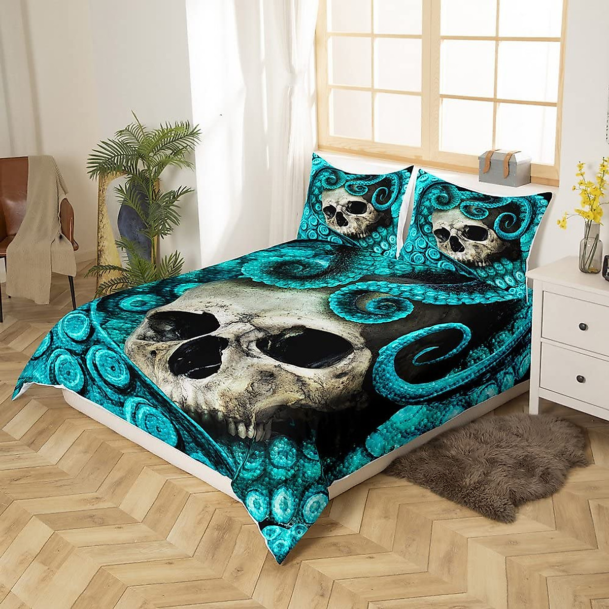 Feelyou Octopus Duvet Cover Set Queen Size 3D Print Skull Bedding Set Blue Decorative Luxury Horror Microfiber Polyester Comforter Cover with 2 Pillow Shams, Zipper, Marine Life, 3 Pieces