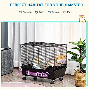 PawHut 2-Tier Hamster Cage, Small Animal Habitat for Rats, Gerbils, Mesh Wire Ventilated Enclosure with Exercise Wheel, Water Bottle, and Food Dishes