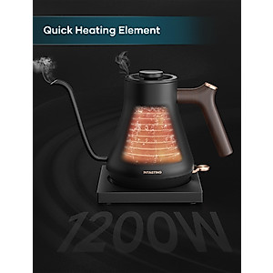 Gooseneck Electric Kettle INTASTING Fast Boiling Hot Water, Pour-over Coffee & Tea, 100% Stainless Steel, 0.9L/30oz, Auto Shut-Off & Boil Dry Protection, Matte Black with Dark Brown Wood Handle