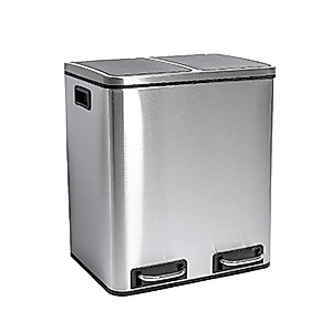 AWENN - Dual Kitchen Garbage Trash Can with Lid and Pedal - Touchless Round Shape Waste Bin - Stainless Steel Dustbin for Kitchen, Bathroom, Office and Outdoors – Black (7.9 Gallon – 30 Liters)