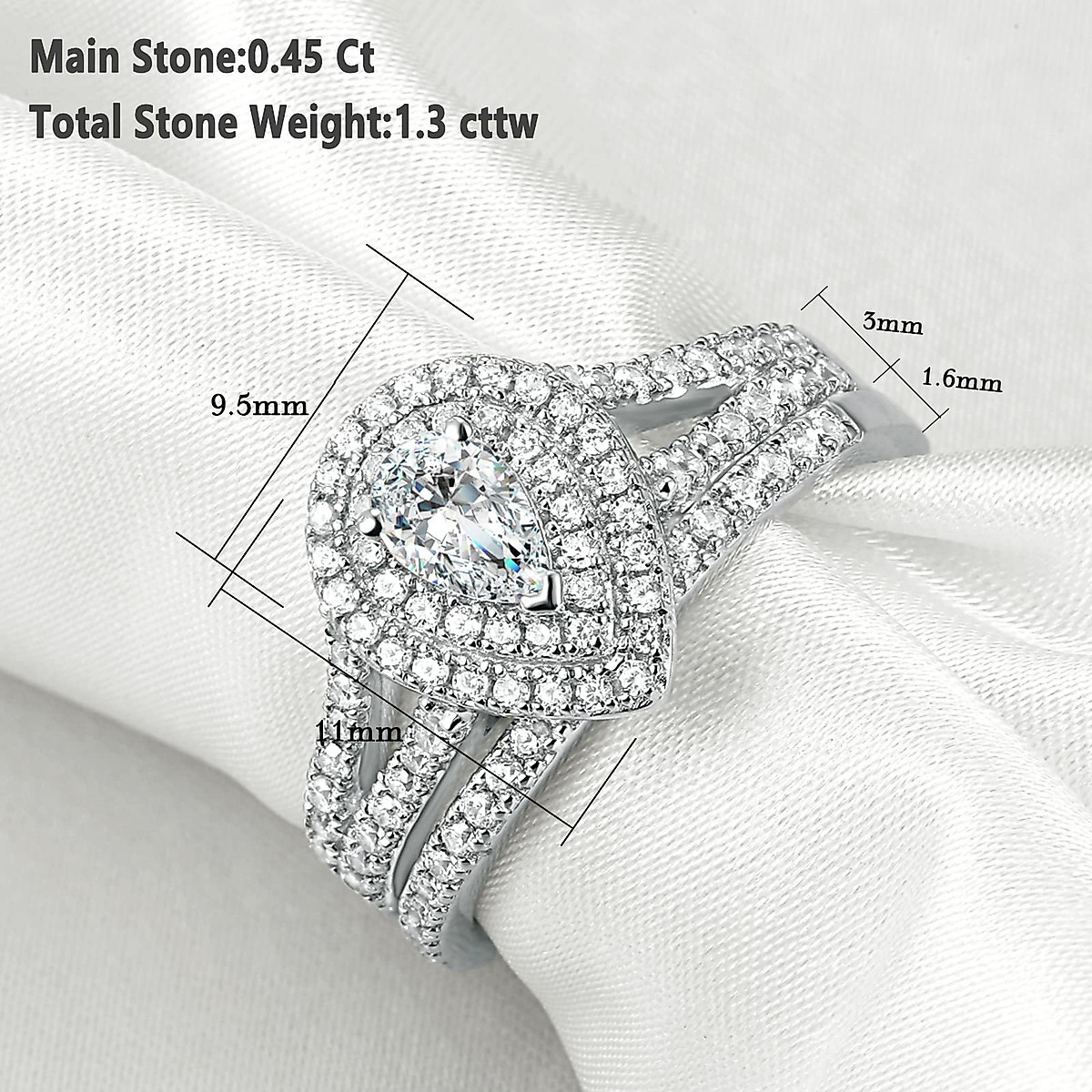 Newshe Jewellery Wedding Engagement Ring for Women Bridal Set AAAAA Cz 925 Sterling Silver 1.3Ct Pear White Size 7