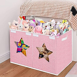 Xmasorme Large Toy Box for Girls, Toy Chest Box Organizer Bins with Star Transparent Windows, Sturdy Handles and Mesh Bag, Foldable Large Size Storage Box for Nursery, Playroom, Bedroom