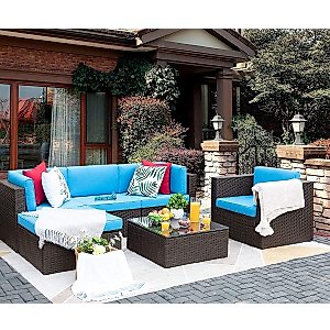 Flamaker 6 Pieces Patio Furniture Set Outdoor Sectional Sofa Outdoor Furniture Set Patio Sofa Set Conversation Set with Cushion and Table (Blue)