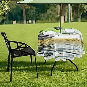 Kigai Zen Basalt Rocks Outdoor Tablecloth 60 Inch Waterproof Round Lace Fabric Table Cloth Table Cover with Umbrella Hole and Zipper for Camping Patio BBQ Backyard Holiday Party Decor
