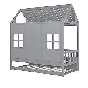 Bellemave Twin House Beds with Trundle for Kids Montessori Bed Wood Playhouse Tent Bed Frame for Girls Boys, Twin Size , Gray