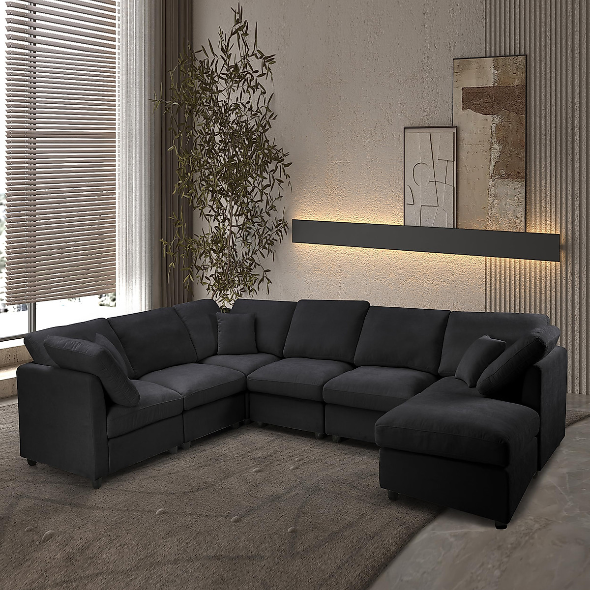 117" Modular Sectional Sofa,U Shaped Chenille Sofa Set with Movable Ottoman,Modern 7-Seat Cloud Sectional Couches for Living Room Home Office (Black, 117" U-7 Seater)