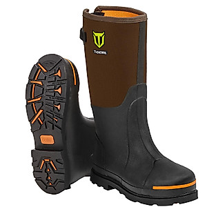 TIDEWE Rubber Work Boot for Men with Steel Toe & Shank, Waterproof Anti Slip Hunting Boot, 6mm Neoprene Hunting Boot, Sturdy Brown Rubber Boot for Manufacturing, Construction, Farming, Size 11