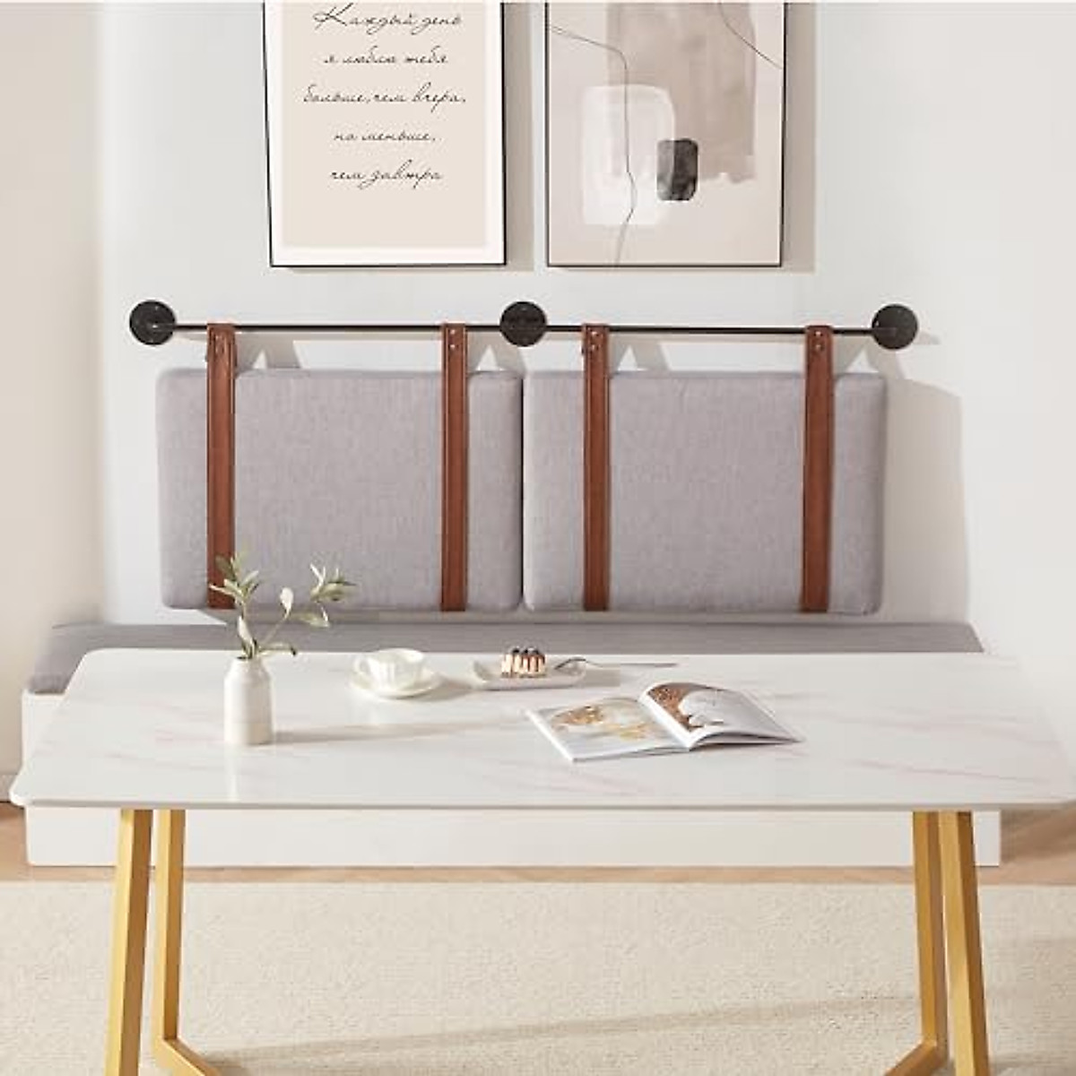 Iroomy Wall Mounted Headboard Queen with Brown Faux Leather Straps, Linen Fabric Upholstered Headboard with Adjustable Heigh Headboard, Queen Headboard with Metal Bar for Dining Room, Bedroom, Grey