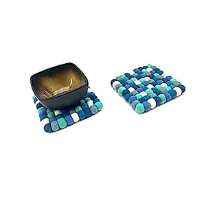 Handmade Trivet, Felt Ball Trivet, Potholders, Trivets, 100% Wool, Felt, Hot Pot Holders (Set of 2) Hot Pads, Flexible, Durable, Heat Resistant Mat, Mats, Square Trivet (Bluesh, Square)