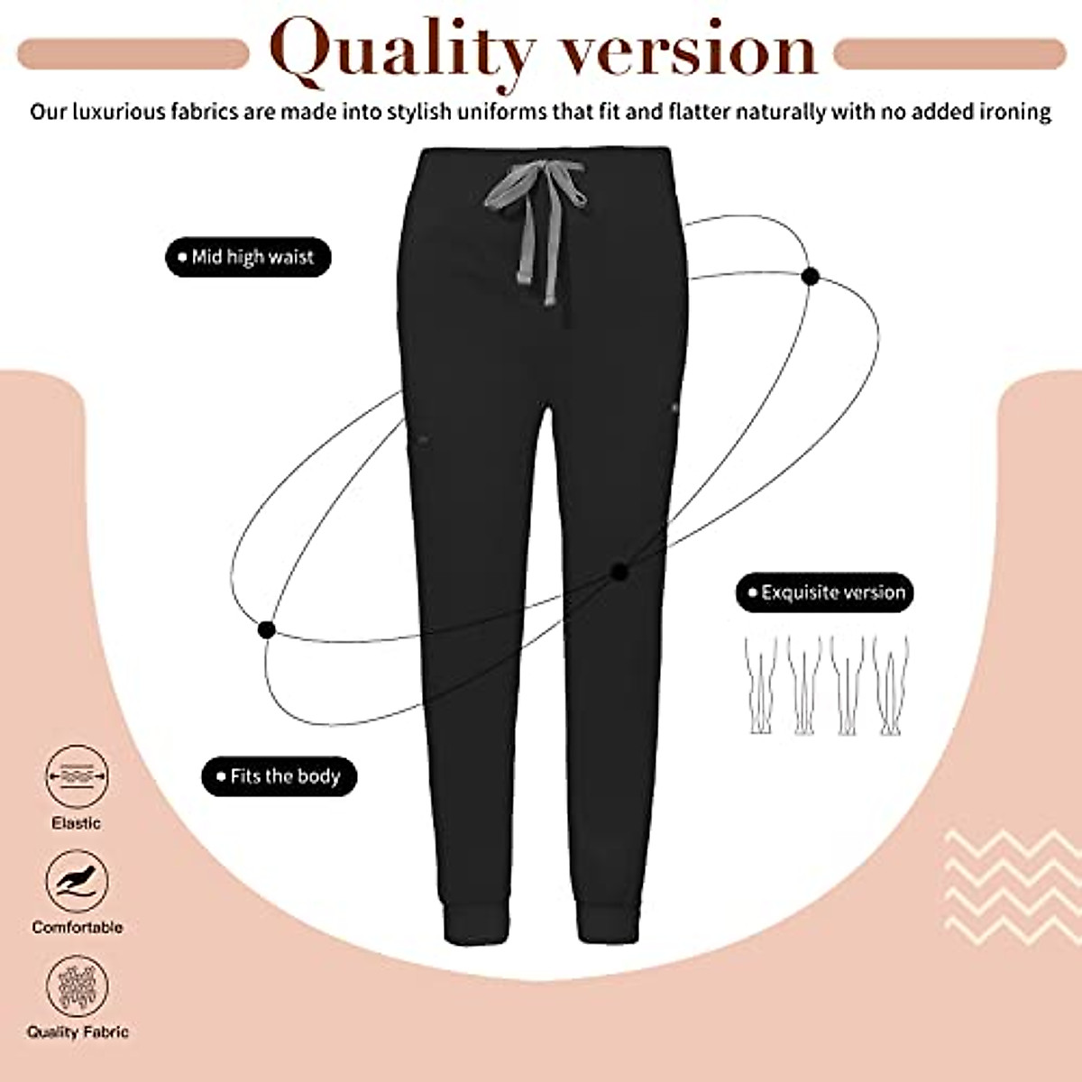 niaahinn Women Jogger Scrubs Pant Workwear Mid Rise Tapered Leg Drawstring for Nursing Soft Fabric (Black,M,Medium)