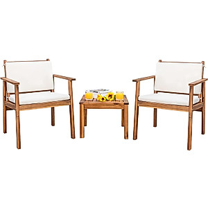 Devoko Patio Set 3 Piece Acacia Wood Outdoor Furniture Conversation Seat with Table & Cushions Porch Chairs for Balcony, Deck, Backyard, Beige