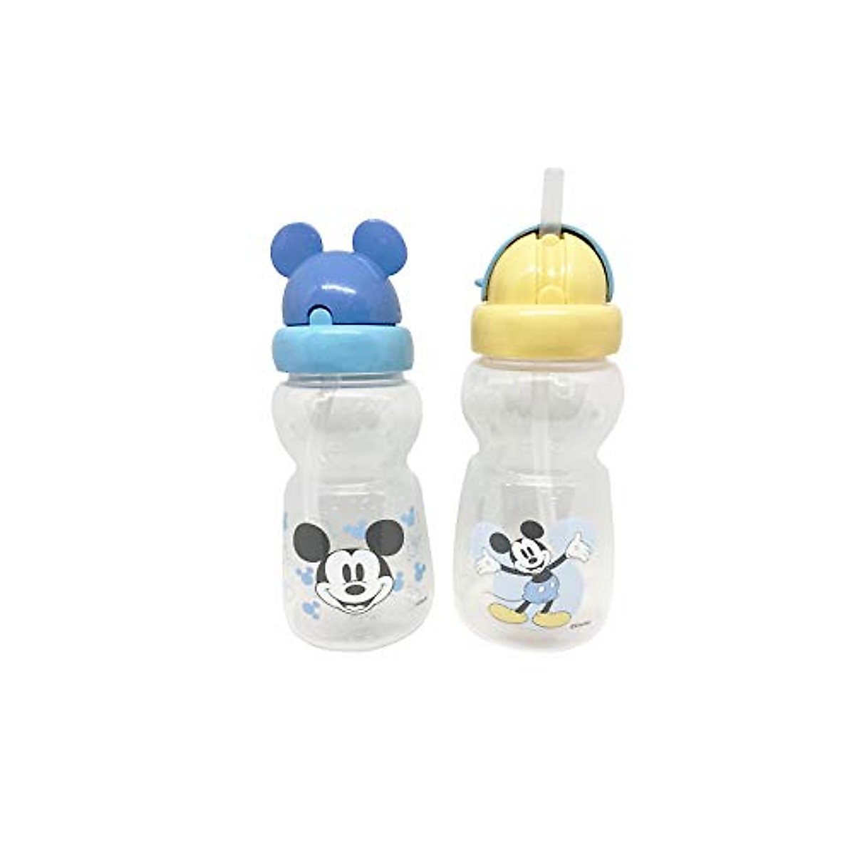 Disney Cudlie Mickey Mouse Baby Boy 2 Pack of 11 Oz Sippers Pop Up Straw Character Molded Lid with Here I Am Print