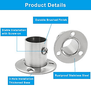 Suiwotin 4 Packs 3/4 Inch Closet Rod Holders, Stainless Steel Closet Rod End Supports, Heavy Duty Curtain Pole Sockets Shower Flange Rod Holder, O-Shaped with Screws (Silver)