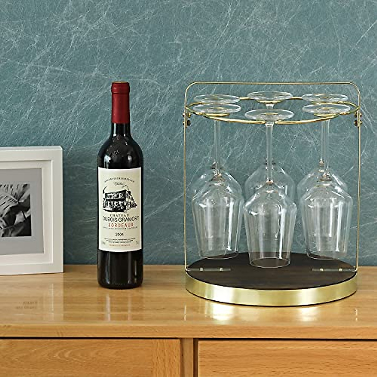 MyGift Modern Brass Metal & Burnt Wood Tabletop Stemware Holder Rack, Wine Glass Serving Caddy