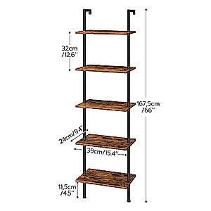 HOOBRO DIY Ladder Shelf, 5-Tier Wooden Wall Mounted Bookshelf, Narrow Bookcase, Display Shelf, Storage Rack, Plant Stand, for Living Room, Bedroom, Study, Balcony, Rustic Brown and Black BF531CJ01