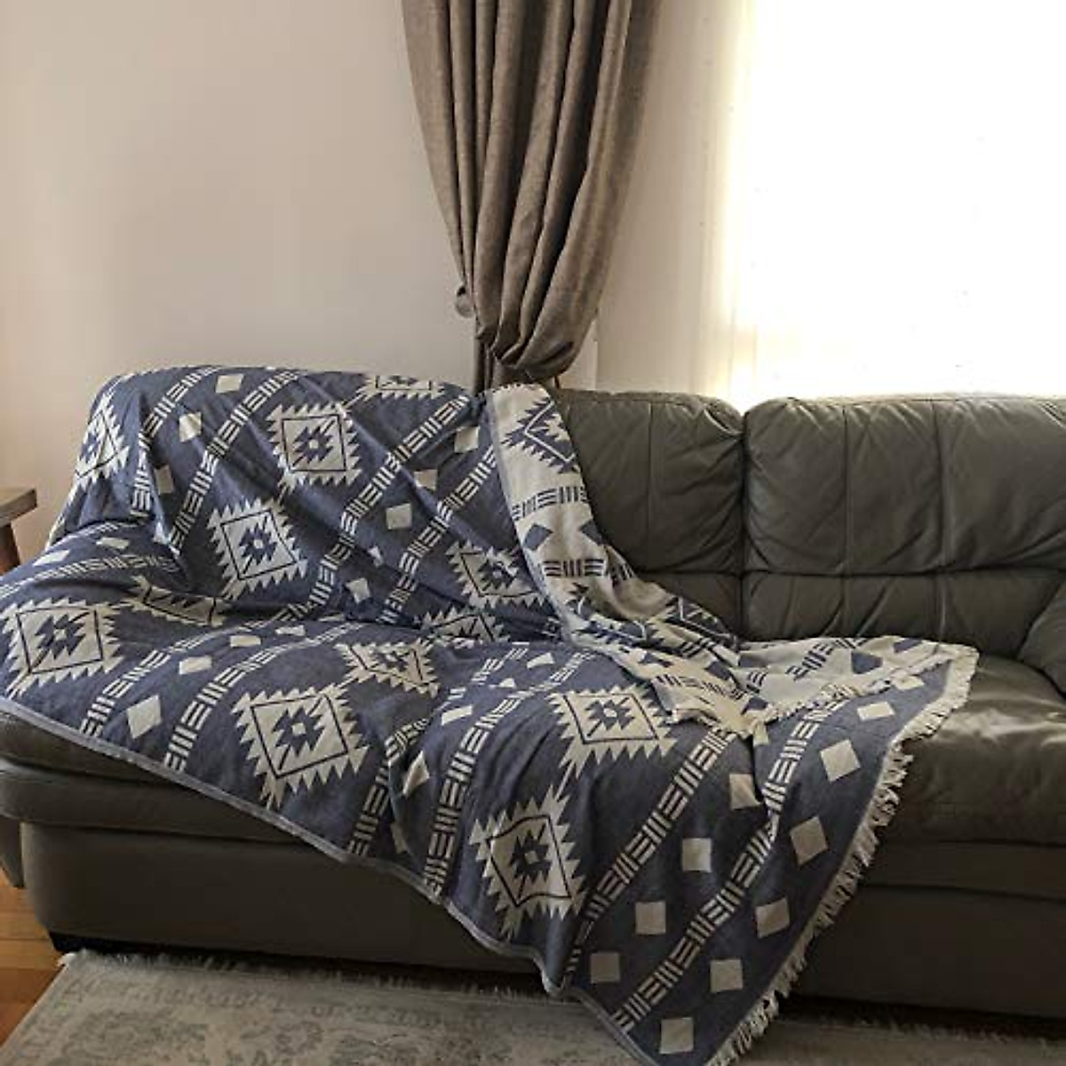 Bersuse 100% Cotton Belize XL Throw Blanket Turkish Towel - 75x90 Inches, Dark Blue