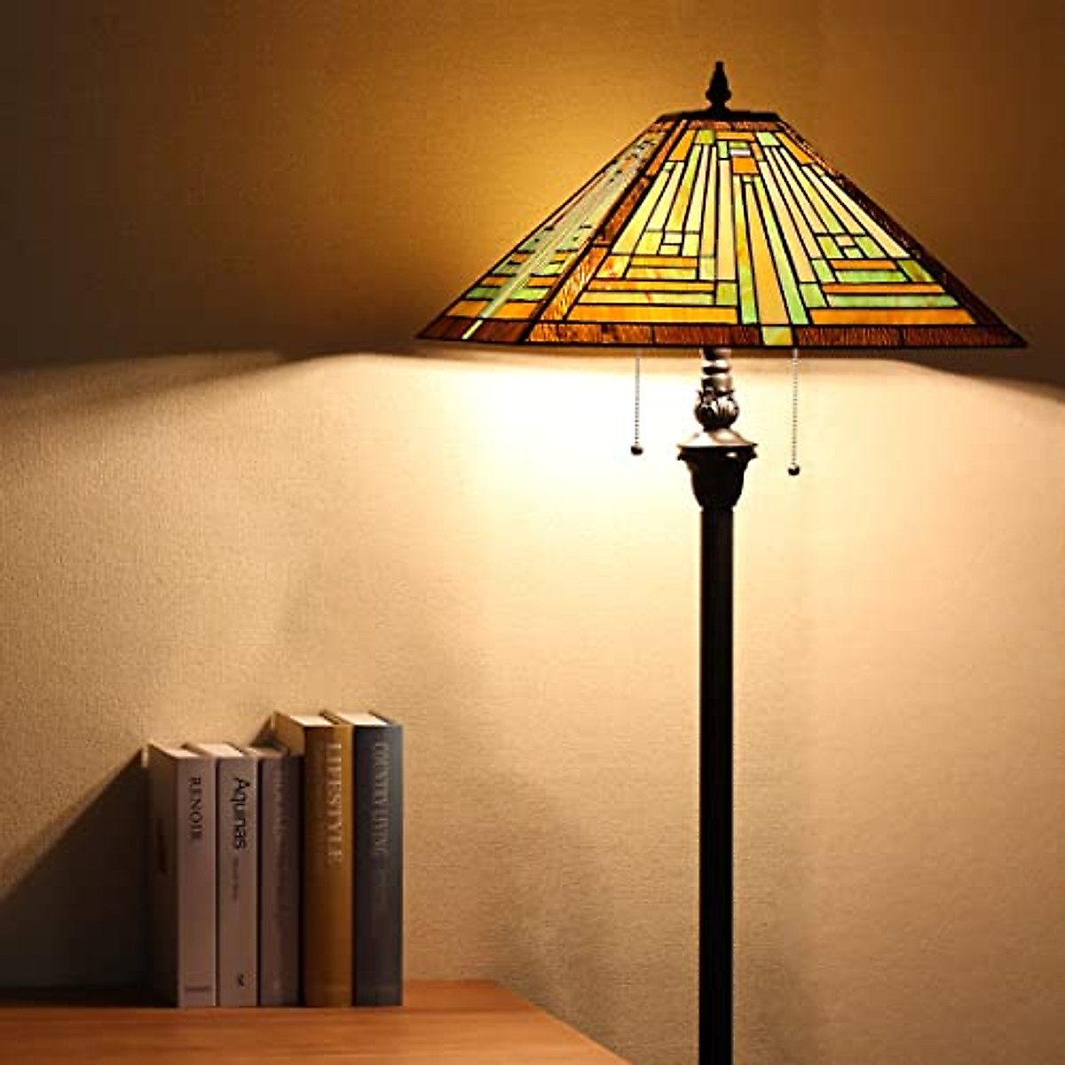 COTOSS Tiffany Floor Lamp,Mission Style 16" Wide Stained Glass Floor Light for Reading,Antique 2 Lights Standing Tall Lamp for Living Room Bedroom