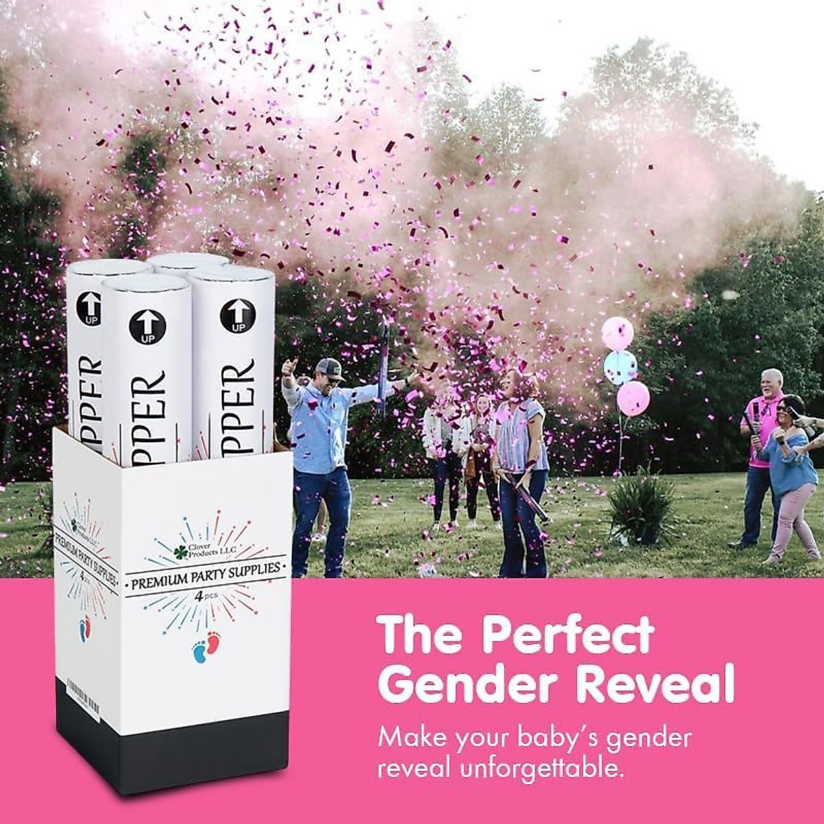 Clover Products Premium Gender Reveal Powder Cannon – 4 Pack Includes 2 Pink and 2 Blue | 12 Inch Gender Reveal Poppers | Compressed Air Powered | Make Your Announcement Unforgettable | Each Box Contains a FREE “It’s a Girl” and “It’s a Boy” Balloon.