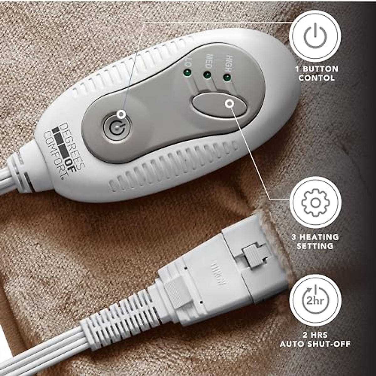 Degrees of Comfort Electric Throw Blanket Beige 50" x 60" | Lap Electric Blanket - Home, Couch | 3 Heat Settings W/ 2 Hour Auto Shut Off | Machine Washable