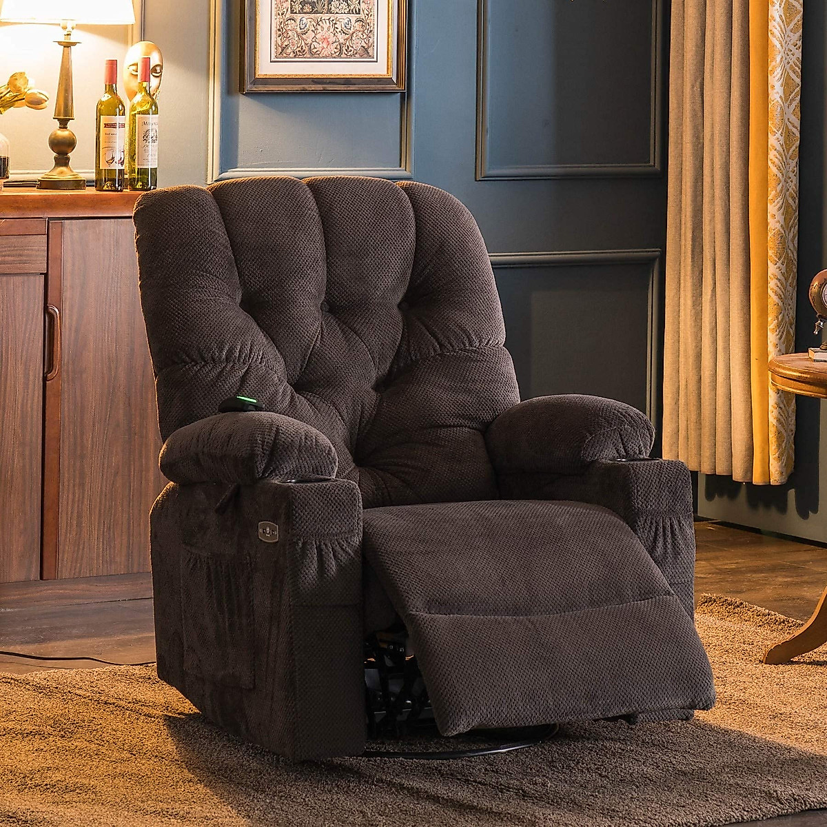 MCombo Electric Power Swivel Glider Rocker Recliner Chair with Cup Holders for Nursery, Hand Remote Control, USB Ports, 2 Side & Front Pockets, Plush Fabric 7797 (Grey)