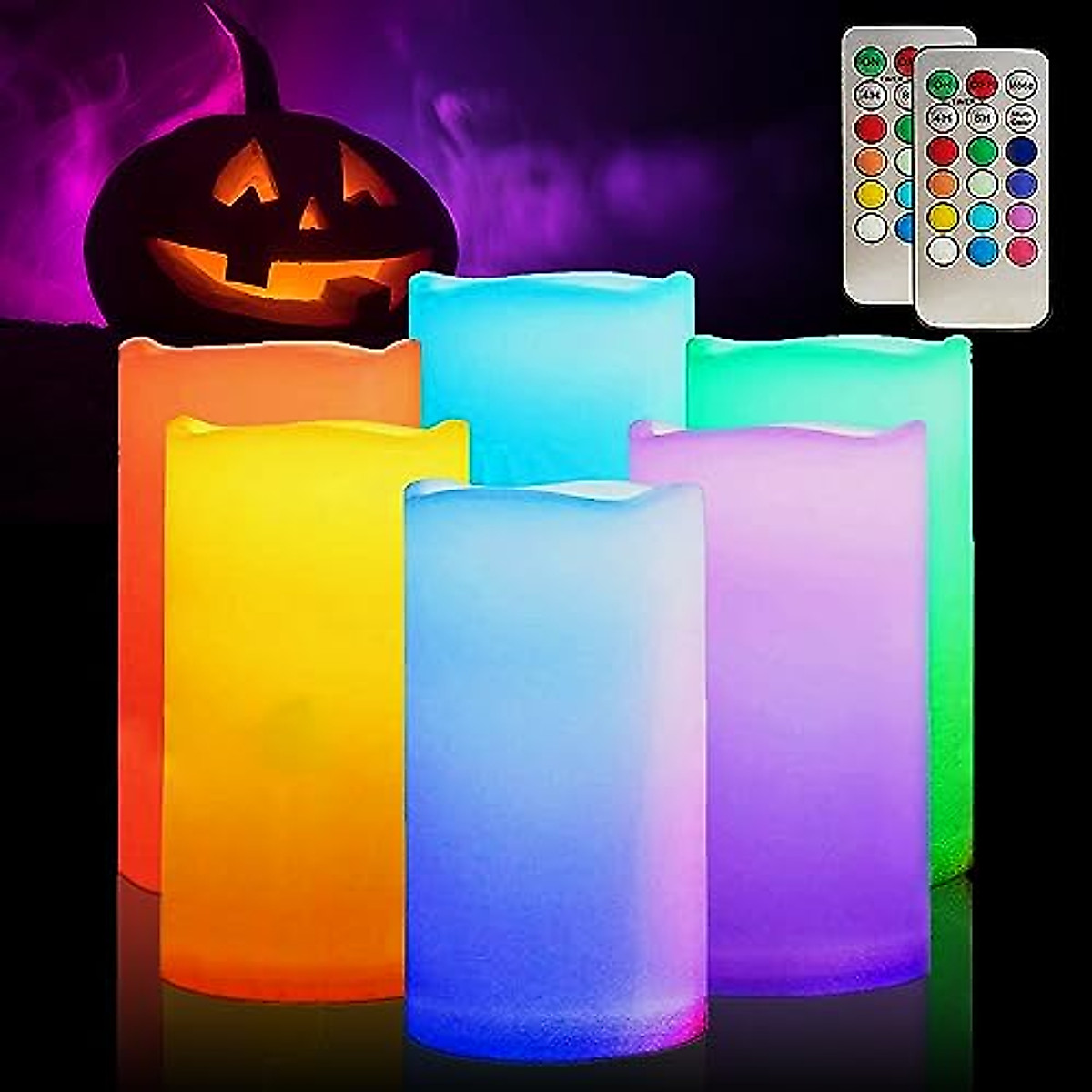 salipt LED Multi Colored Flameless Candles, LED Flickering Candles Set of 6 (H 6" xD 3") Battery Operated Candles,Waterproof Flameless Candles, Resin Plastic, Indoor Outdoor Use for Gifts Halloween