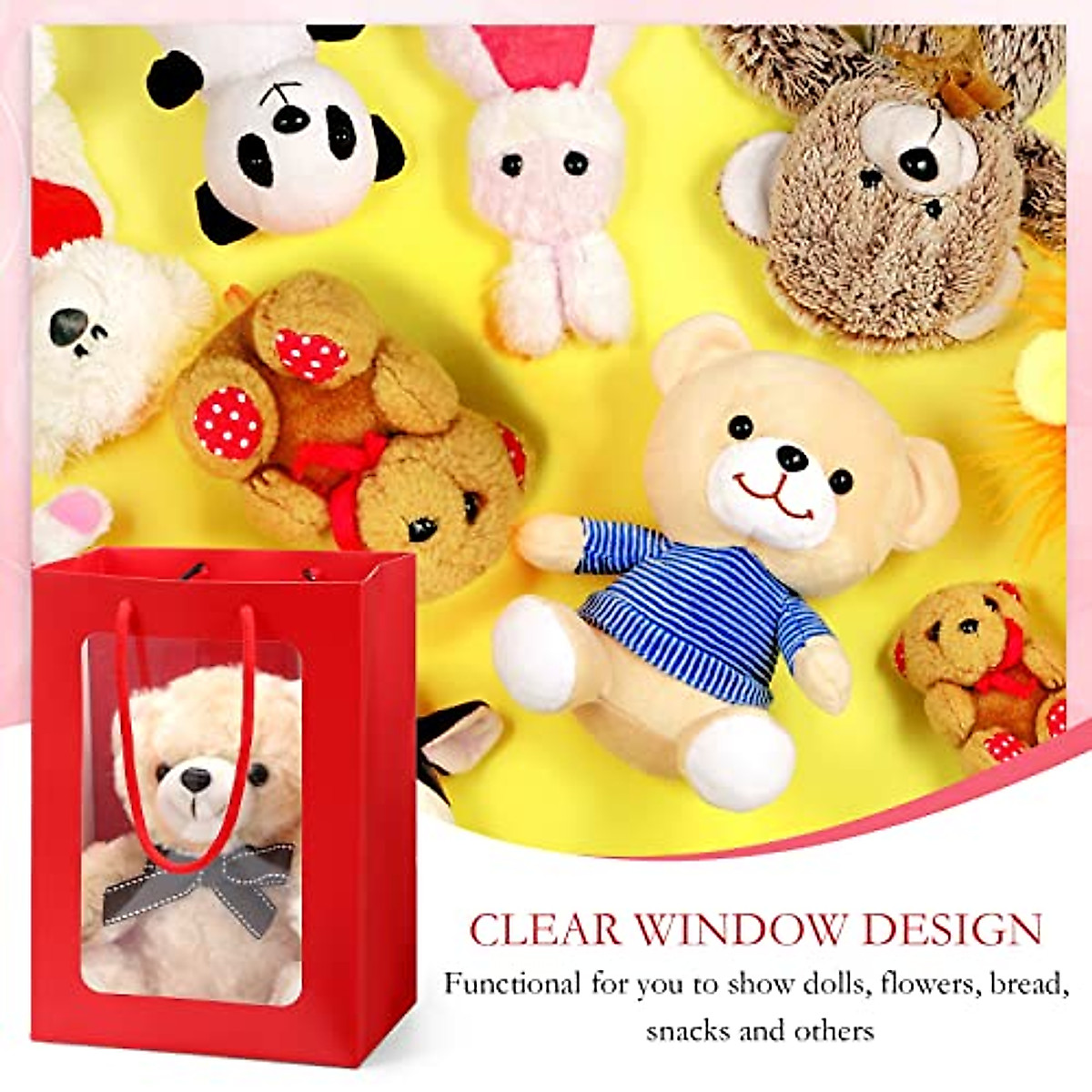 50 Pcs Paper Gift Bags with Transparent Window Clear Gift Bags Empty Gift Basket Flower Bag with Handles for Wedding Bridal Shower Thanksgiving Present Festival Party (Red, 10 x 7.1 x 5.1 Inch)