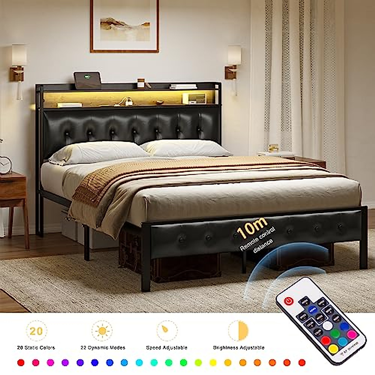 HAUSOURCE Full Bed Frame with Storage Headboard & Footboard Upholstered Platform Bed with LED Lights USB Ports & Outlets No Box Spring Needed