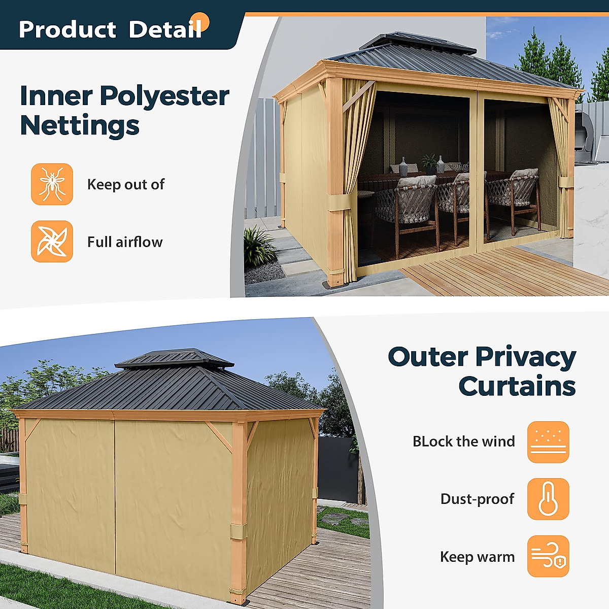 HAPPATIO 10' x 12' Hardtop Gazebo, Outdoor Wood Grain Frame Aluminum Gazebo with Galvanized Steel Double Roof，Patio Gazebo Canopy with Netting and Curtains for Patio, Lawns, Deck，Backyard (Beige)