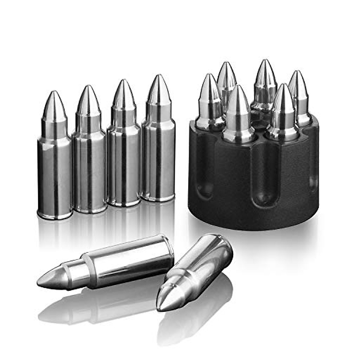 Whiskey Stones Bullets Stainless Steel - 1.75in Bullet Chillers Set of 6 Inside Realistic Revolver - Freezer Base, Made w/Premium Stainless Steel, Large Reusable Chilling Ice Cube, Good for Whiskey