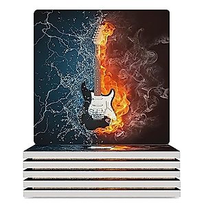Electric Guitar in Fire and Water Square Ceramic Coasters for Drink Absorbent Coffee Cup Cork Holders Table Modern Decorative