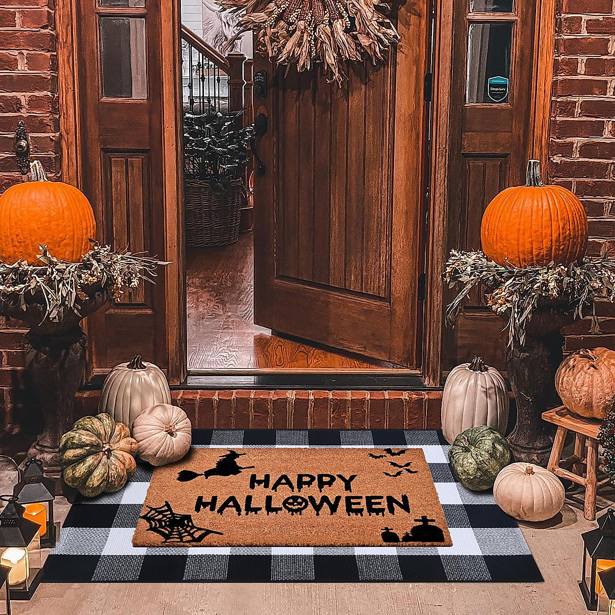 Halloween Decor Doormat Combo Set, 100% Coco Coir Welcome Mat + 28 x 43 Inches Black and White Plaid Mat- Halloween Front Porch Entryway Decor Floor Mat, Outdoor Mats Happy Halloween