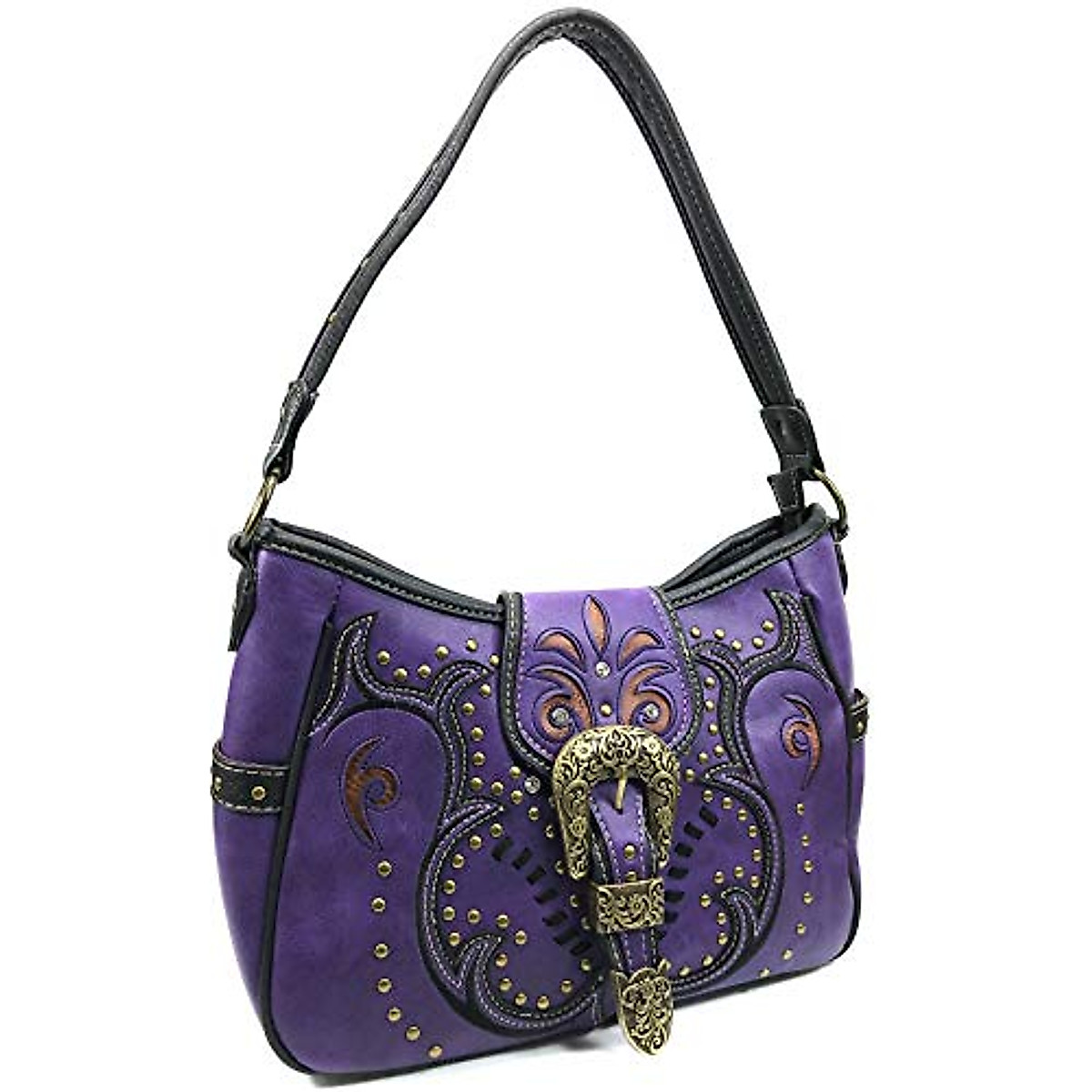 Justin West Patina Girl Western Bronze Floral Buckle Conceal Carry Handbag Purse Tote and Strap Wallet (Purple Hobo Wallet Set)