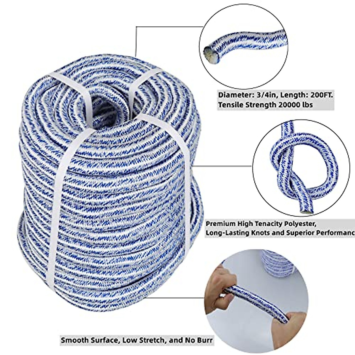 TINVHY 3/4 Inch x 200 Feet Double Braid Polyester Rope 20000Lbs Breaking Strength Strong Pulling Rope for Tree Work Camping Swings(Blue White)