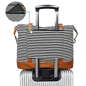 Bluboon Women Ladies Canvas Weekender Bag Overnight Carry-on Tote Duffel in Trolley Handle (BlackStripe)