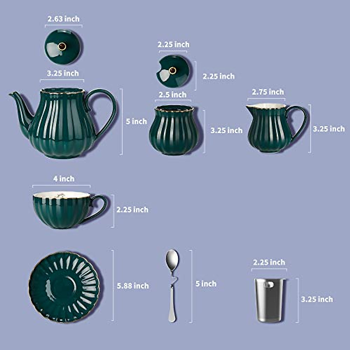 Amazingware Porcelain Tea Set - Tea Cup and Saucer Set Service for 6, with 28 ounces Teapot Sugar Bowl Cream Pitcher Teaspoons and Tea Strainer - for Thanksgiving - Pumpkin Fluted Shape, Dark Green