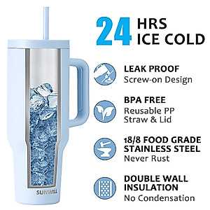 SUNWILL 40 oz Tumbler With Handle and Straw Lid, Coffee Tumbler Cups, Insulated Reusable Stainless Steel Travel Coffee Mug for Travel & Outdoor, Cupholder Friendly, Iceberg